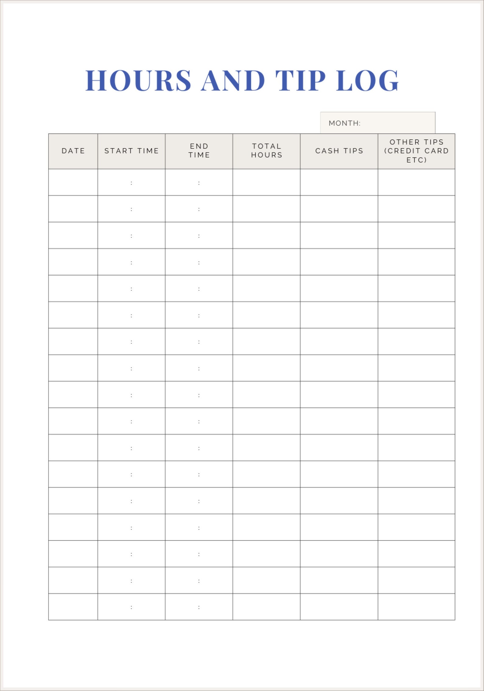 Hours and Tip Log, Tip Log, Hours Worked Log, Tip Tracker, Hour Tracker ...
