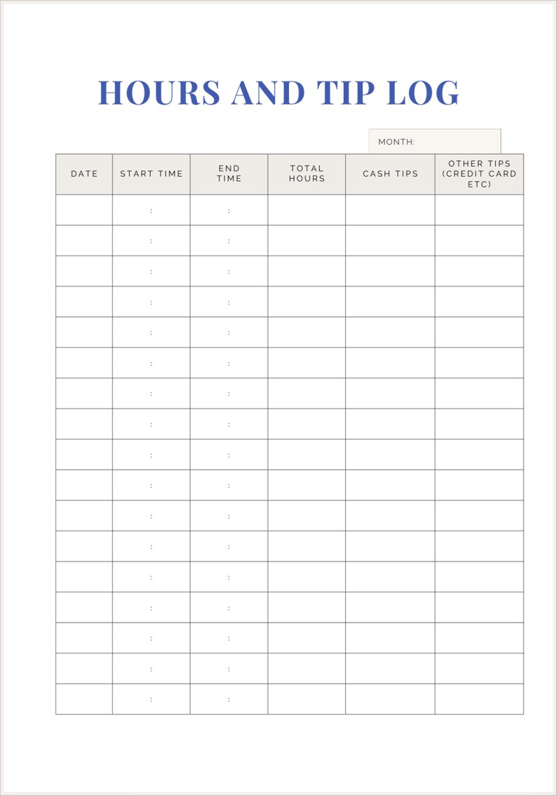Hours and Tip Log, Tip Log, Hours Worked Log, Tip Tracker, Hour Tracker ...