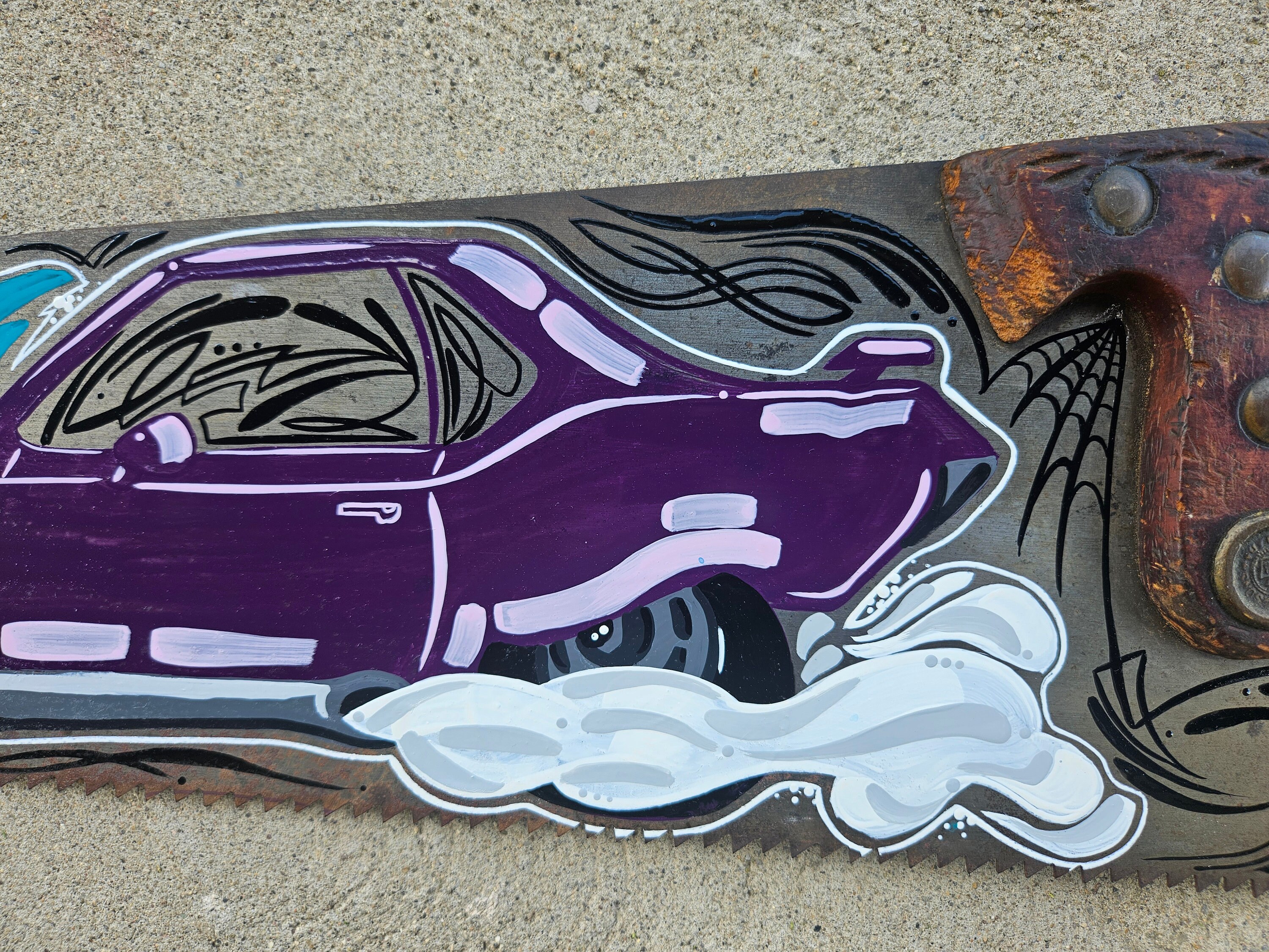 Upcycled Hand Painted Hand Saw Blade Barracuda Muscle Car Pinstriping ...