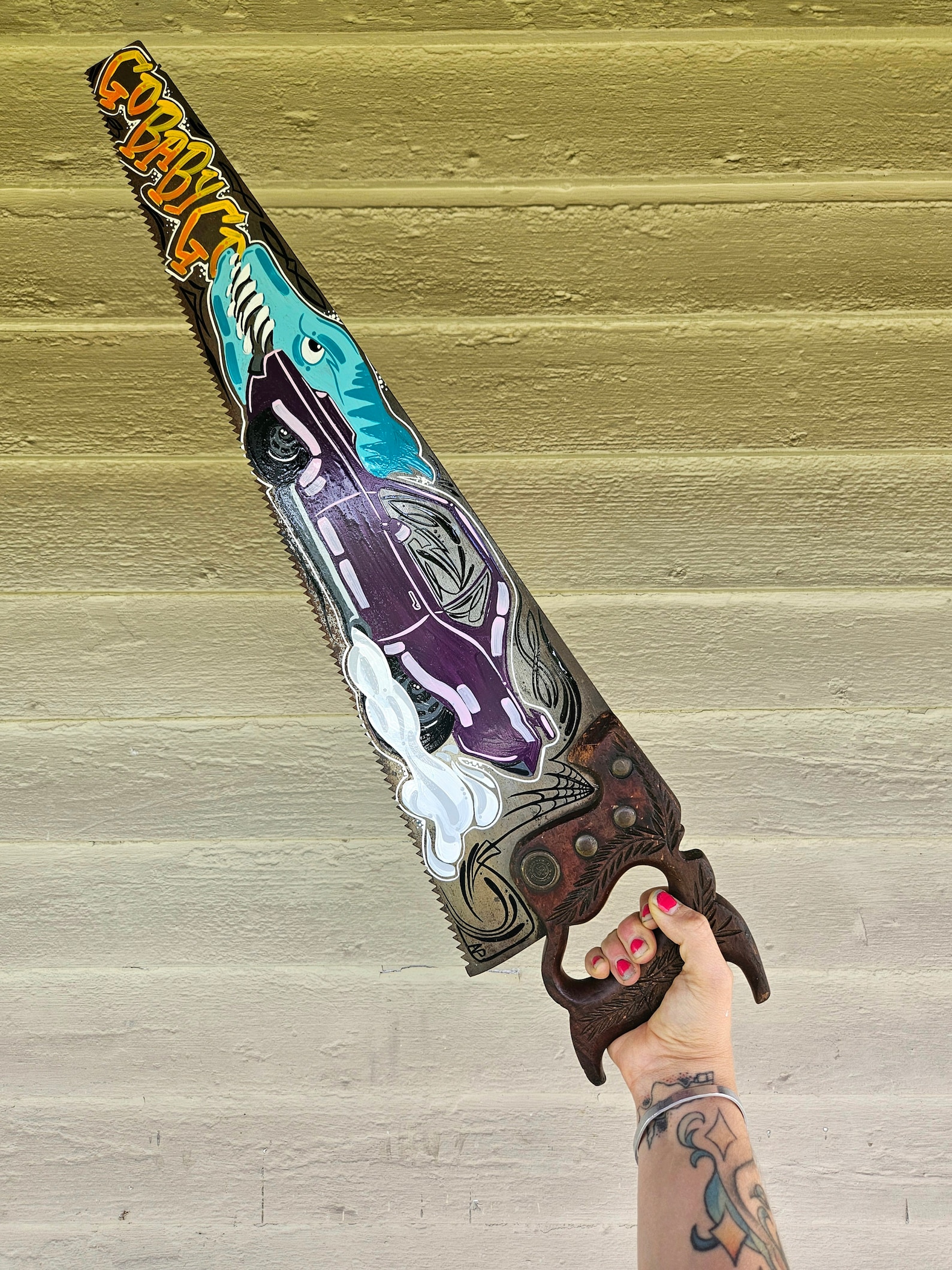 Upcycled Hand Painted Hand Saw Blade Barracuda Muscle Car Pinstriping ...