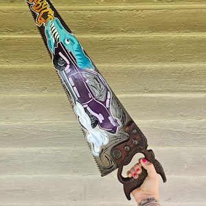 Upcycled Hand Painted Hand Saw Blade Barracuda Muscle Car Pinstriping ...