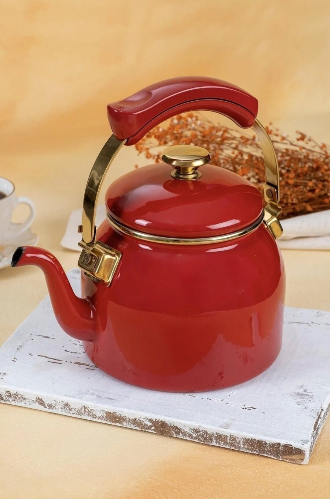 Vintage Enamel Tea Kettle, Red Loose Leaf Tea Pot, Stove Kettle - Etsy