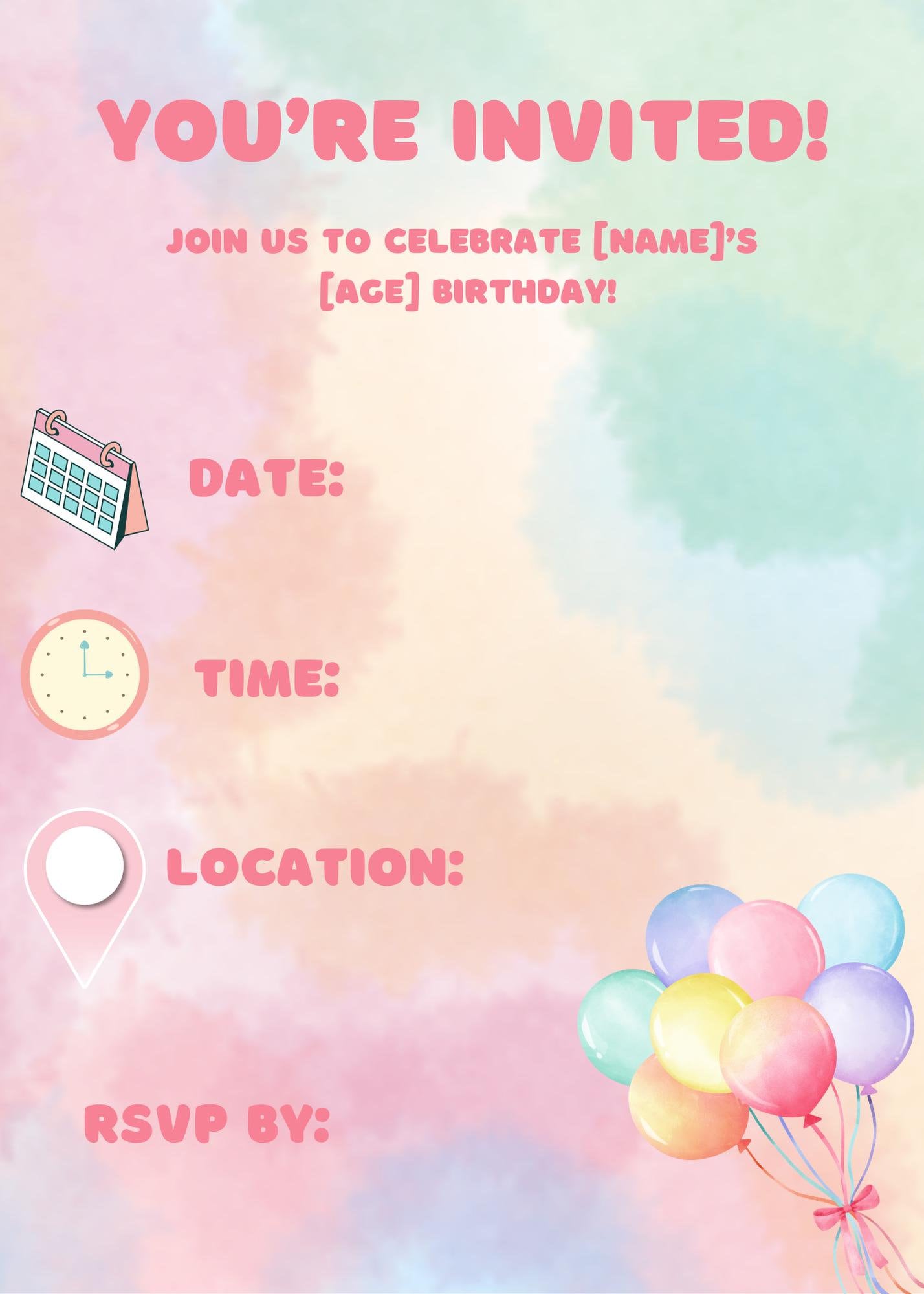 Pastel Birthday Invitation Editable Party Invite Printable Custom ...
