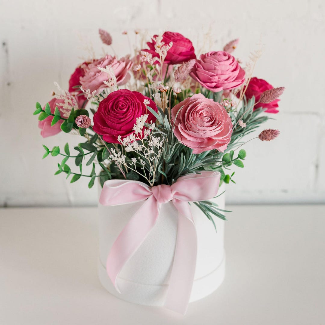 Shirley Temple Hat Box Sola Wood Flower Arrangement With Dried Accents. Dark and Light Pink ...
