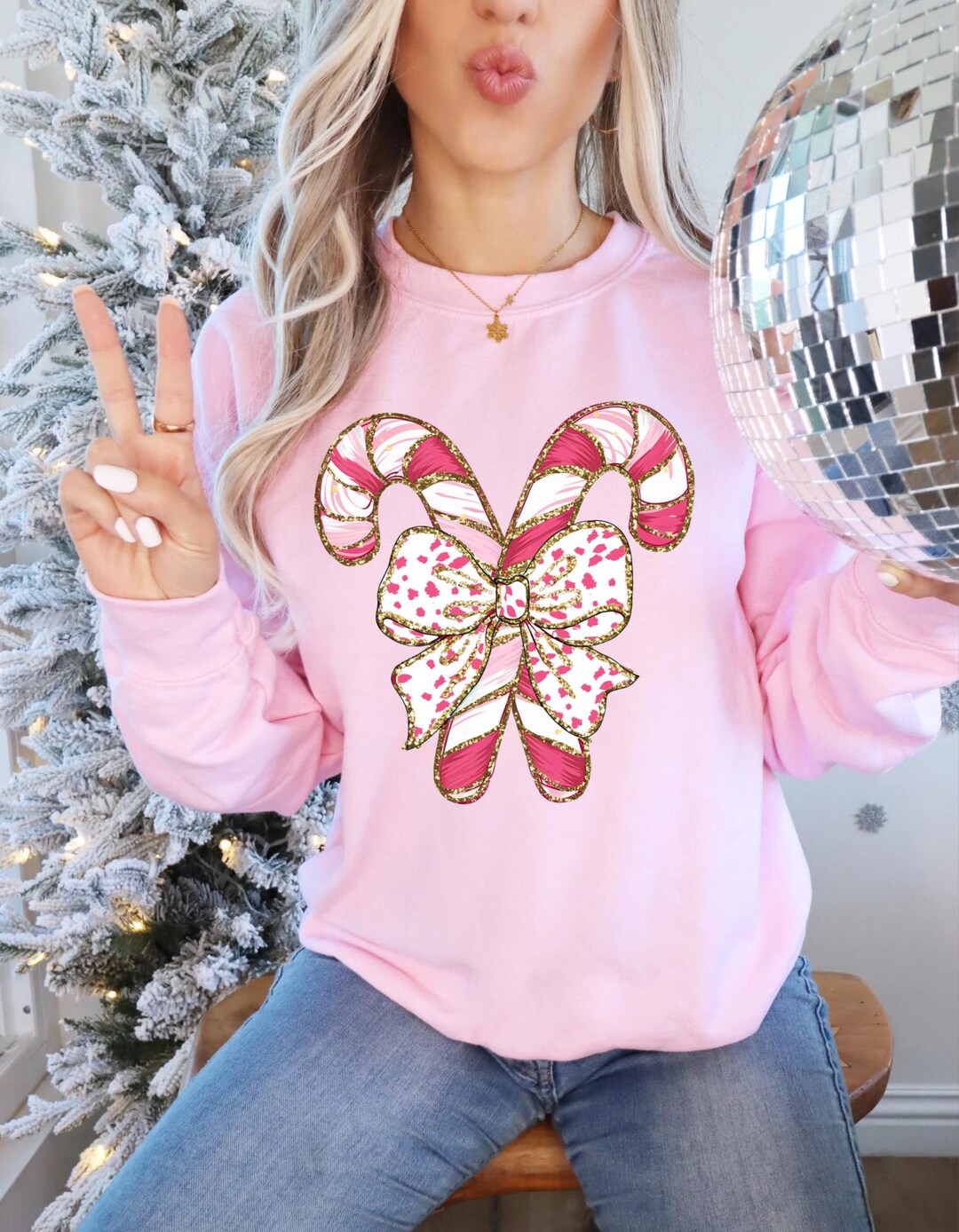 Pink Preppy Candy Canes, Faux Glitter, Gold, Coquette, Bow, Pretty ...