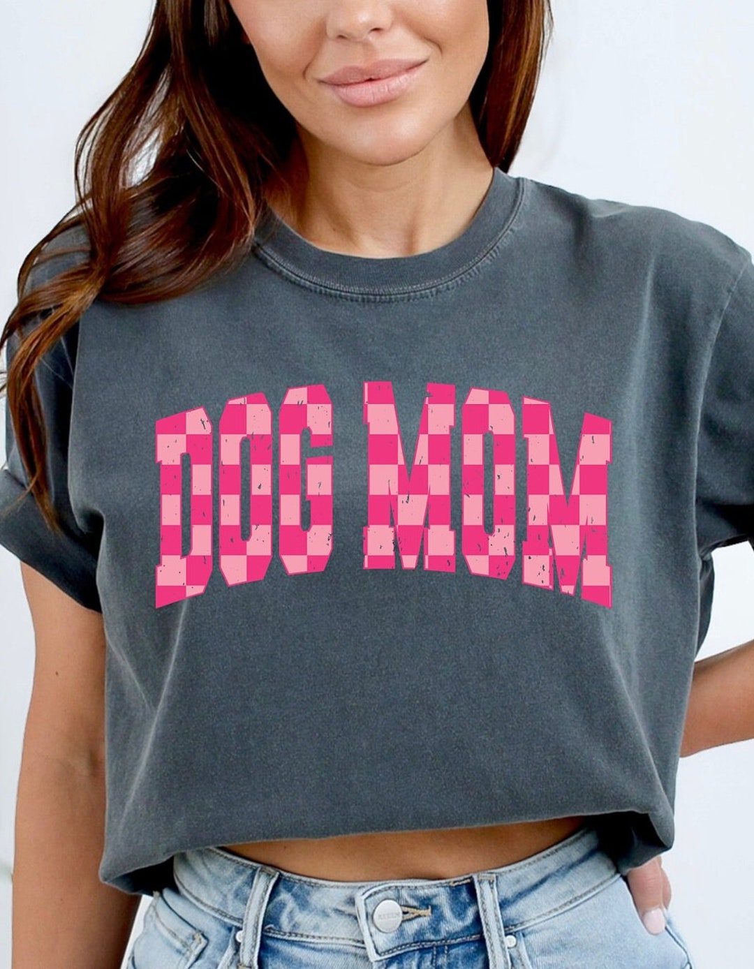 Pink Dog Mom, Distressed, Checkered, Varsity, Trendy, Popular, Puppy ...