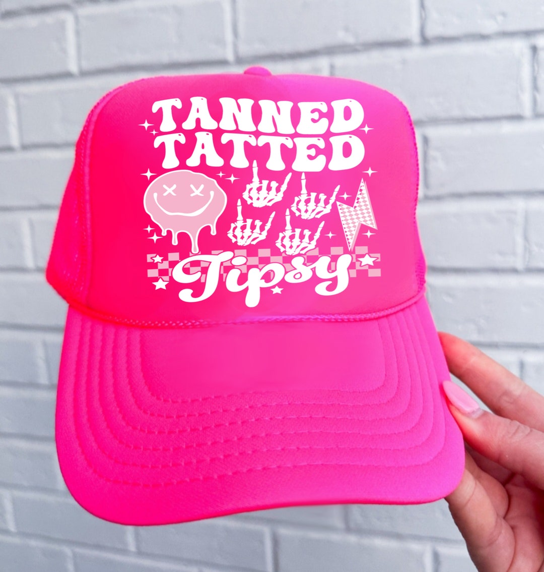 Tanned Tatted Tipsy Trucker Hat, Smile Face, Lightning Bolt, Beer ...