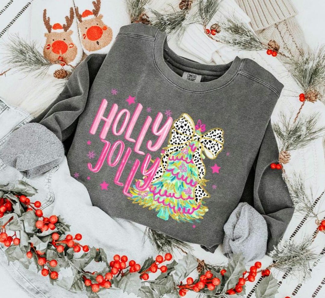 Holly Jolly, Pretty Faux Glitter Christmas Tree, Bow, Pink, Coquette ...