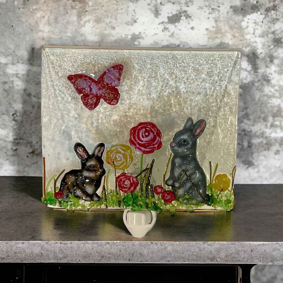 Bunnies, Rabbits With Flowers Fused Glass Night Light Handmade - Etsy