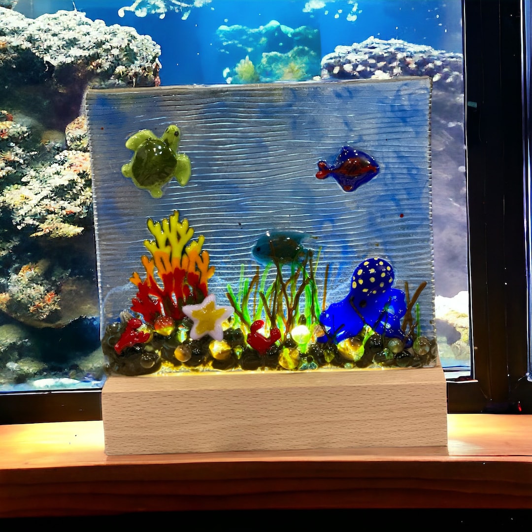 Under the Sea Fused Glass Light up Wood Base With Turtle and Octopus ...