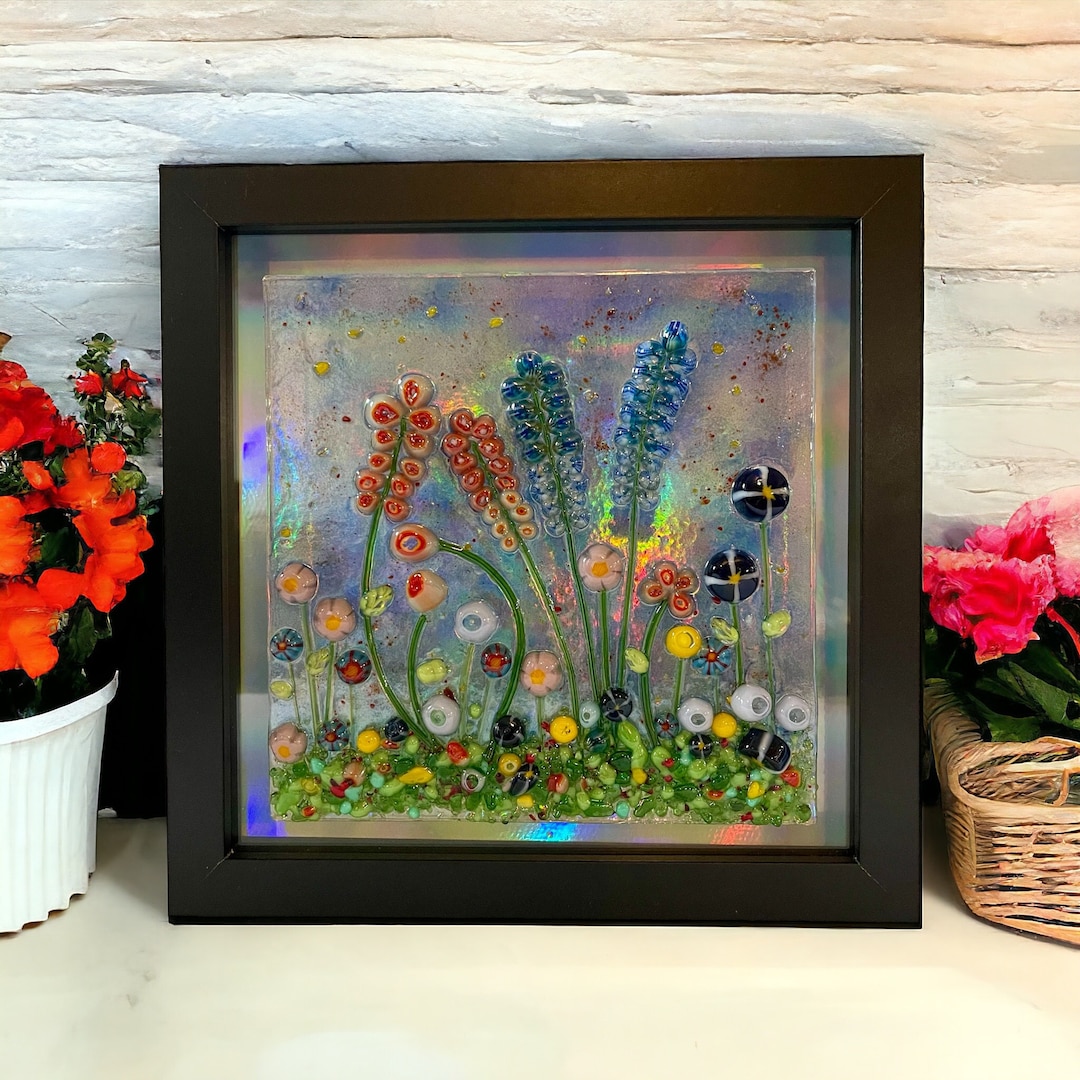 Floral Glass Picture With Iridescent Background - Handmade, Vitrigraph ...