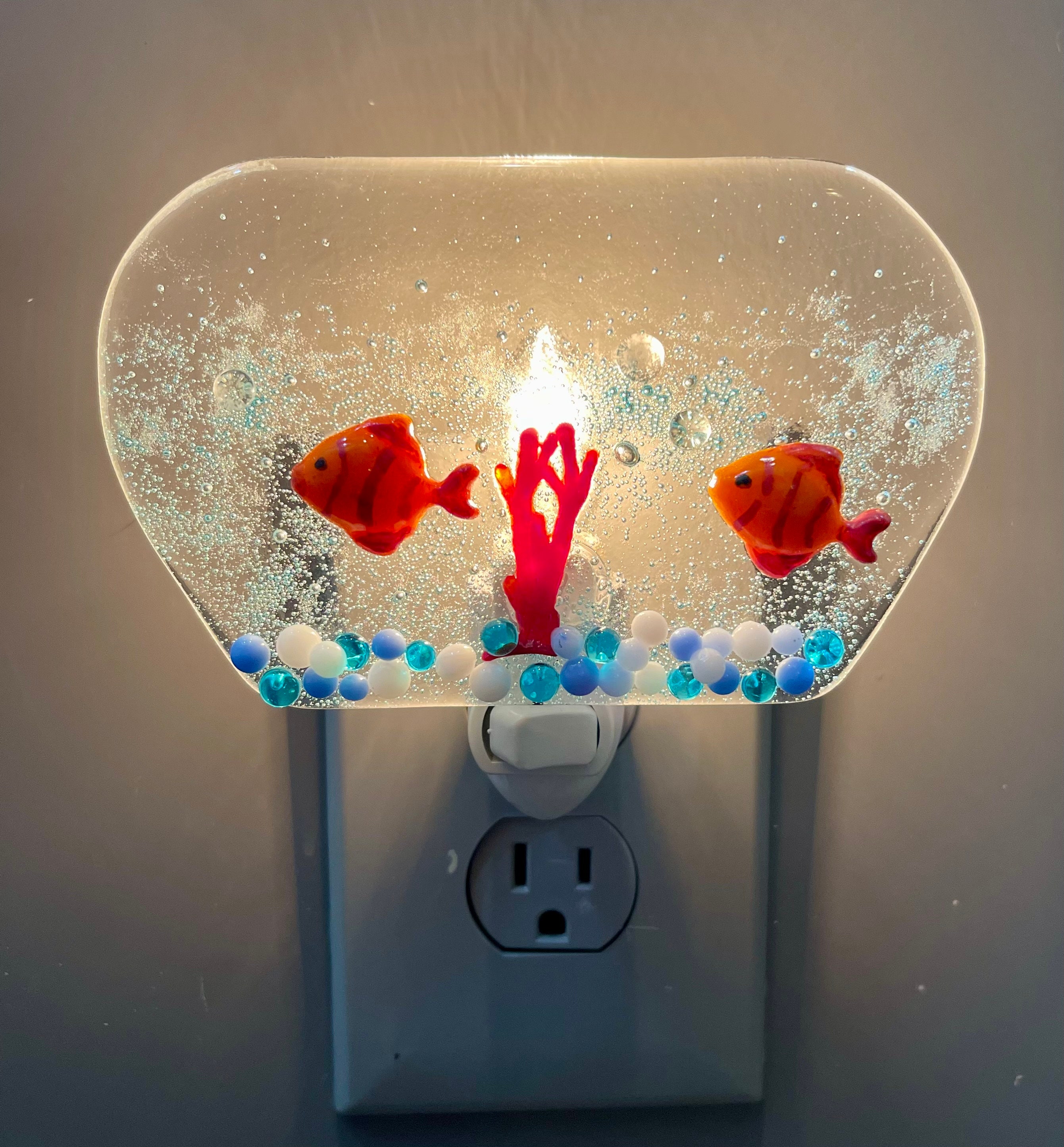 Fish Bowl With 2 Fish and Bubbles Fused Glass Night Light - Handmade - Etsy