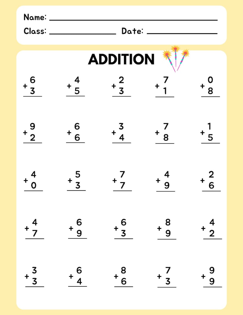 Math Drills: Addition Grade 1 Worksheet New Years - Etsy