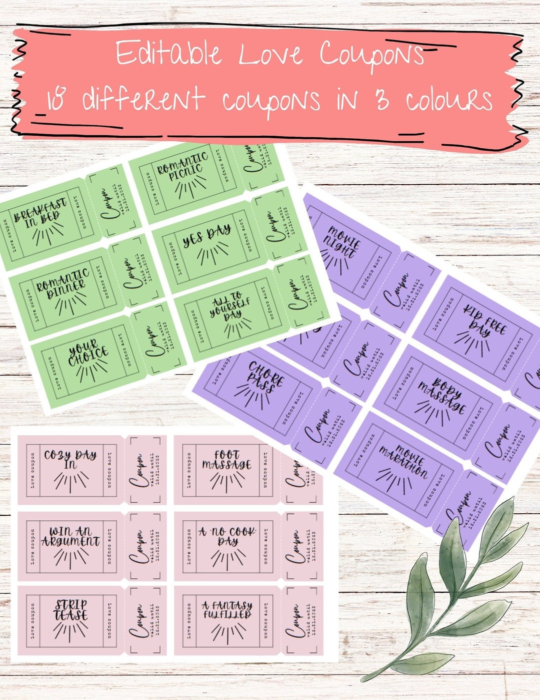 Printable Valentine's Day Coupons, Anniversary Gift, Editable Love ...