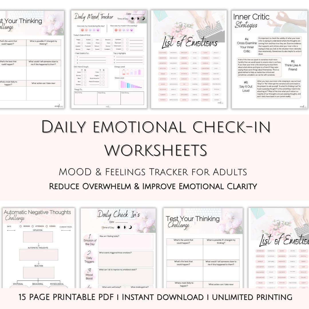 Emotional Check-in Worksheets for Self-care | Feelings Mood Tracker PDF ...