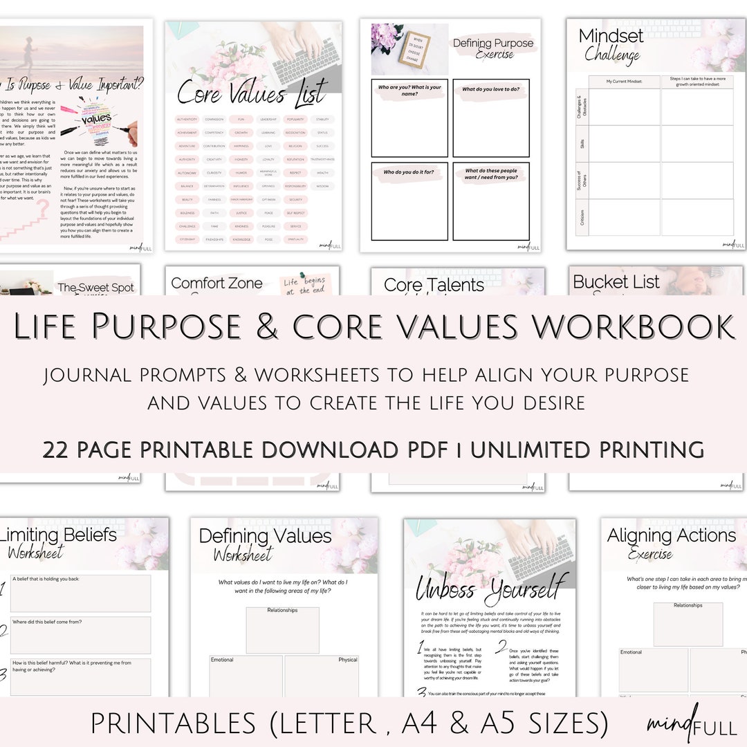 Core Values Worksheets, Core Values List, Values Clairfication, Self ...