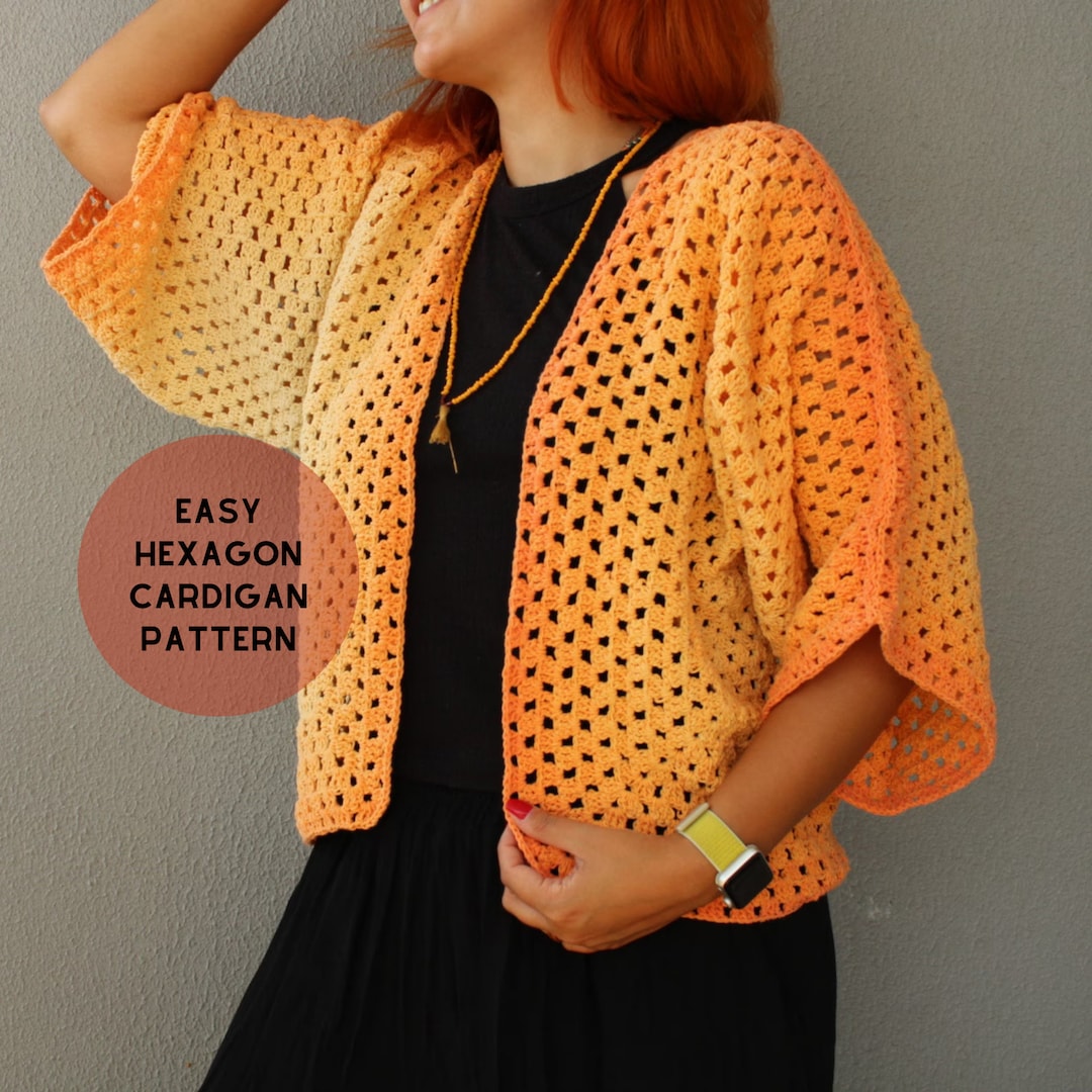Hexagon Crochet Orange Cardigan Pattern, Gift for Her, Hexagon Knit ...