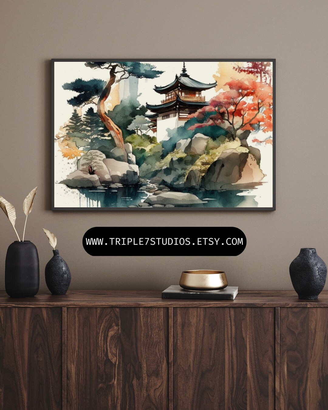 Japanese Watercolor Print of Serene Landscape Scene - Digital Download ...
