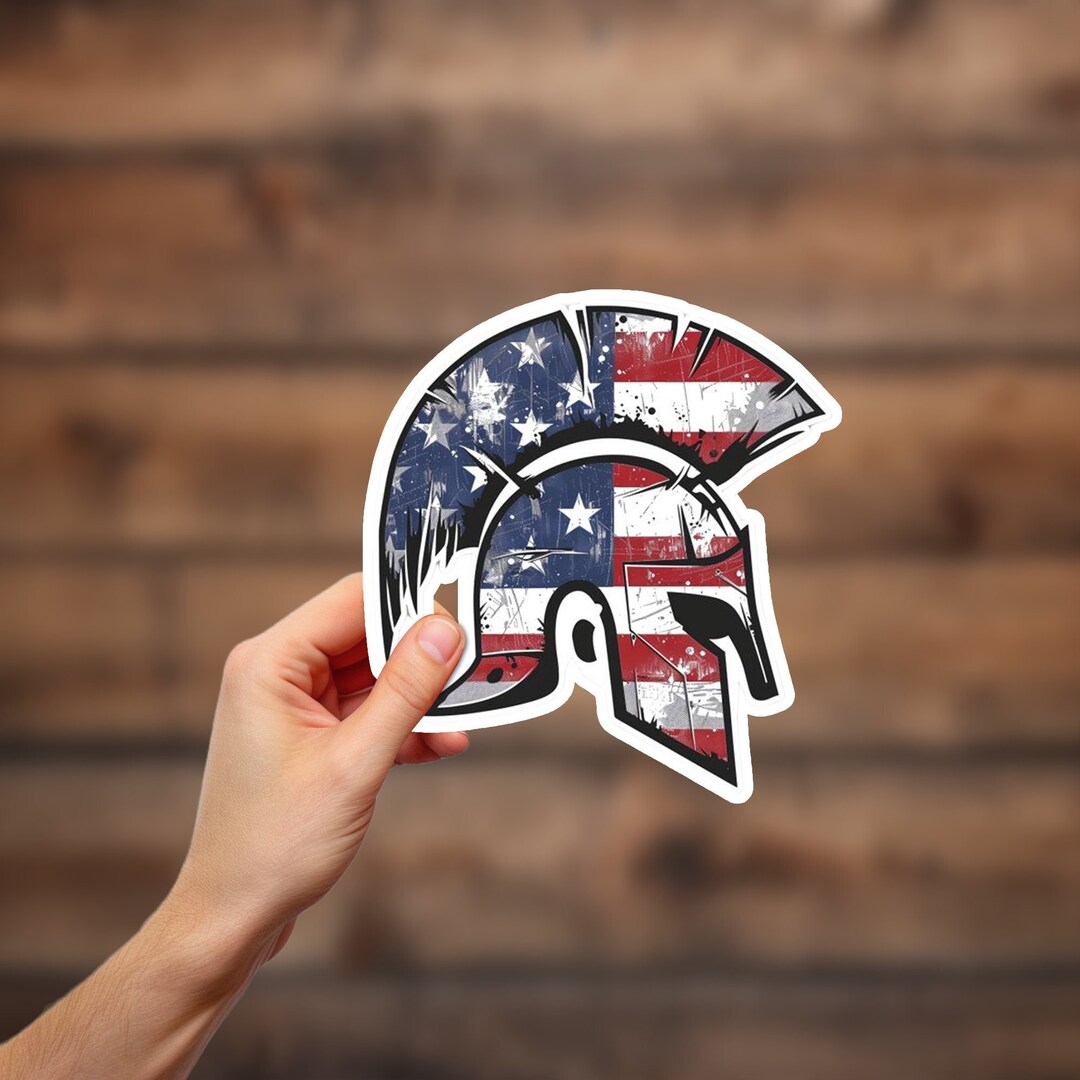 Patriotic Spartan Helmet Sticker, USA Flag Vinyl Decal, Warrior Spirit ...