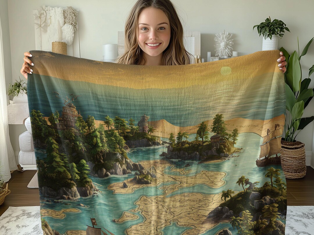 Pirate Treasure Map Blanket, Nautical Adventure Throw, Oceanic Island ...