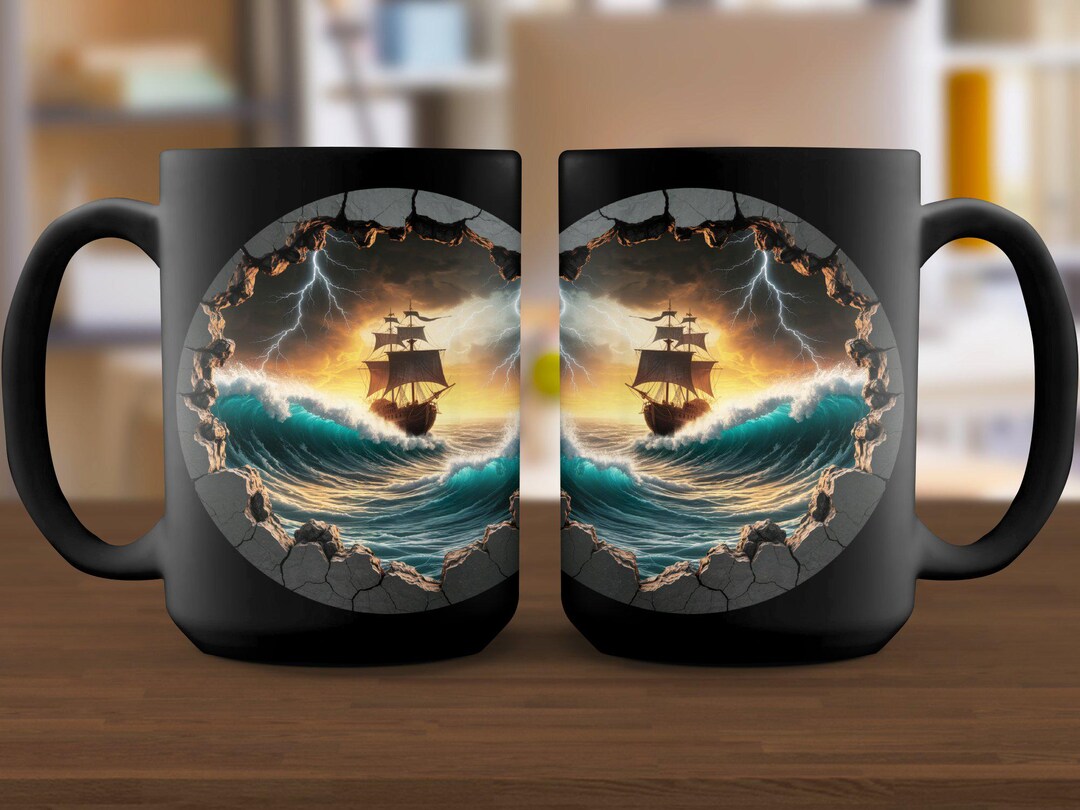 Nautical Ship Mug, Ocean Storm Art, Pirate Ship Cup, Maritime Coffee ...
