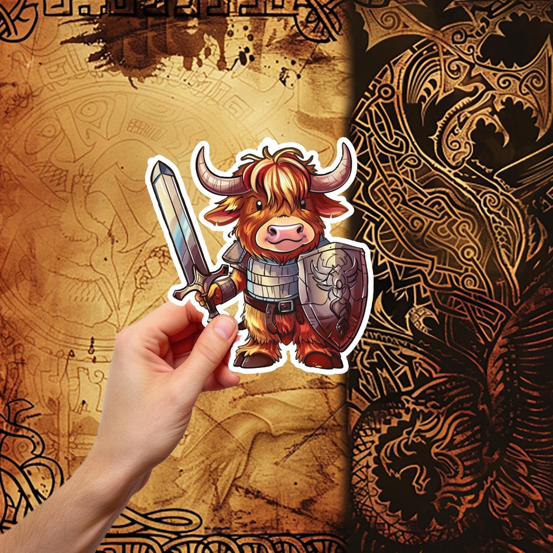 Brave Baby Highland Cow Knight Sticker, Cute Animal Warrior Decal ...
