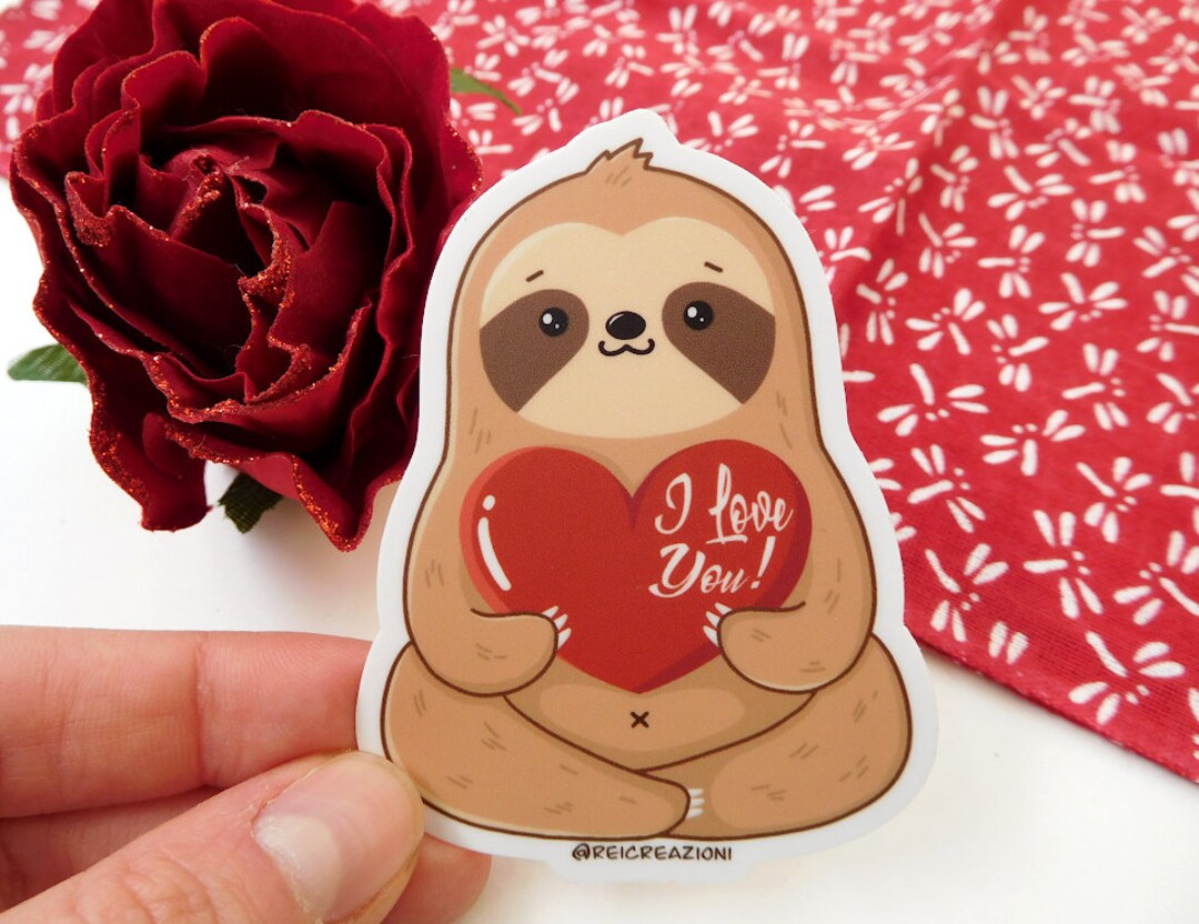 Sloth Valentine Day Vinyl Sticker Kawaii With Red Heart, Cute Animals ...