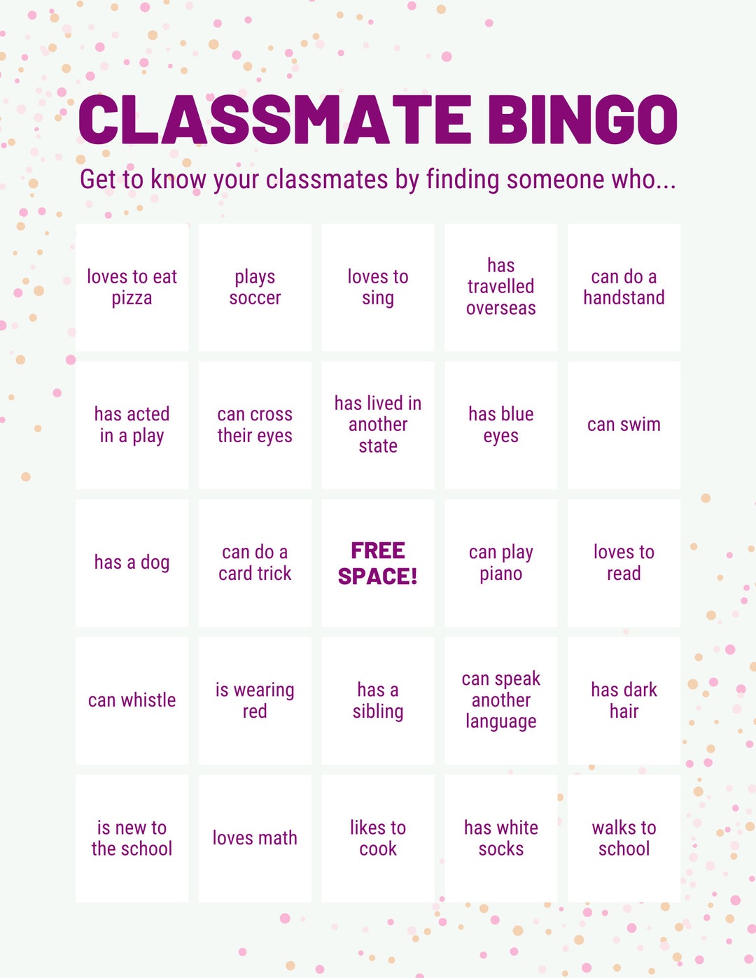 Classmate Bingo - Get to Know Your Classmates Game - PDF Instant ...