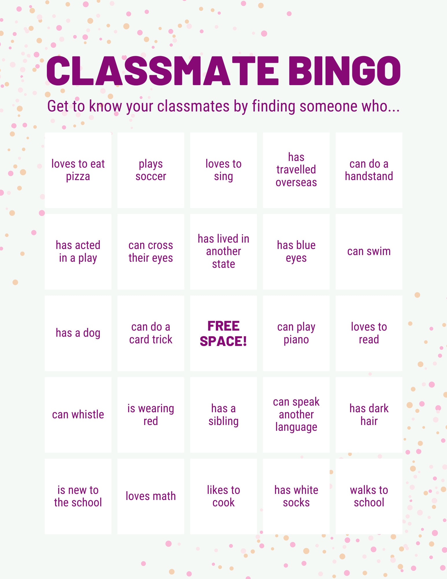 Classmate Bingo - Get to Know Your Classmates Game - PDF Instant ...