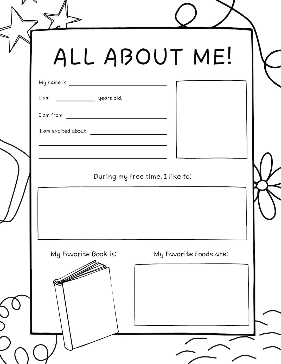 All About Me Page - Black & White Doodle Print - PDF Download - Etsy