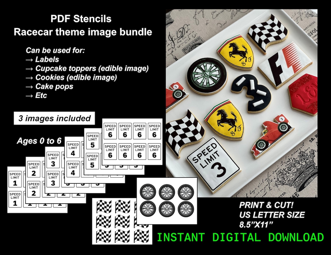 F1 Racecar Theme Stencils for Labels, Cookies, & Cupcakes, Printable ...
