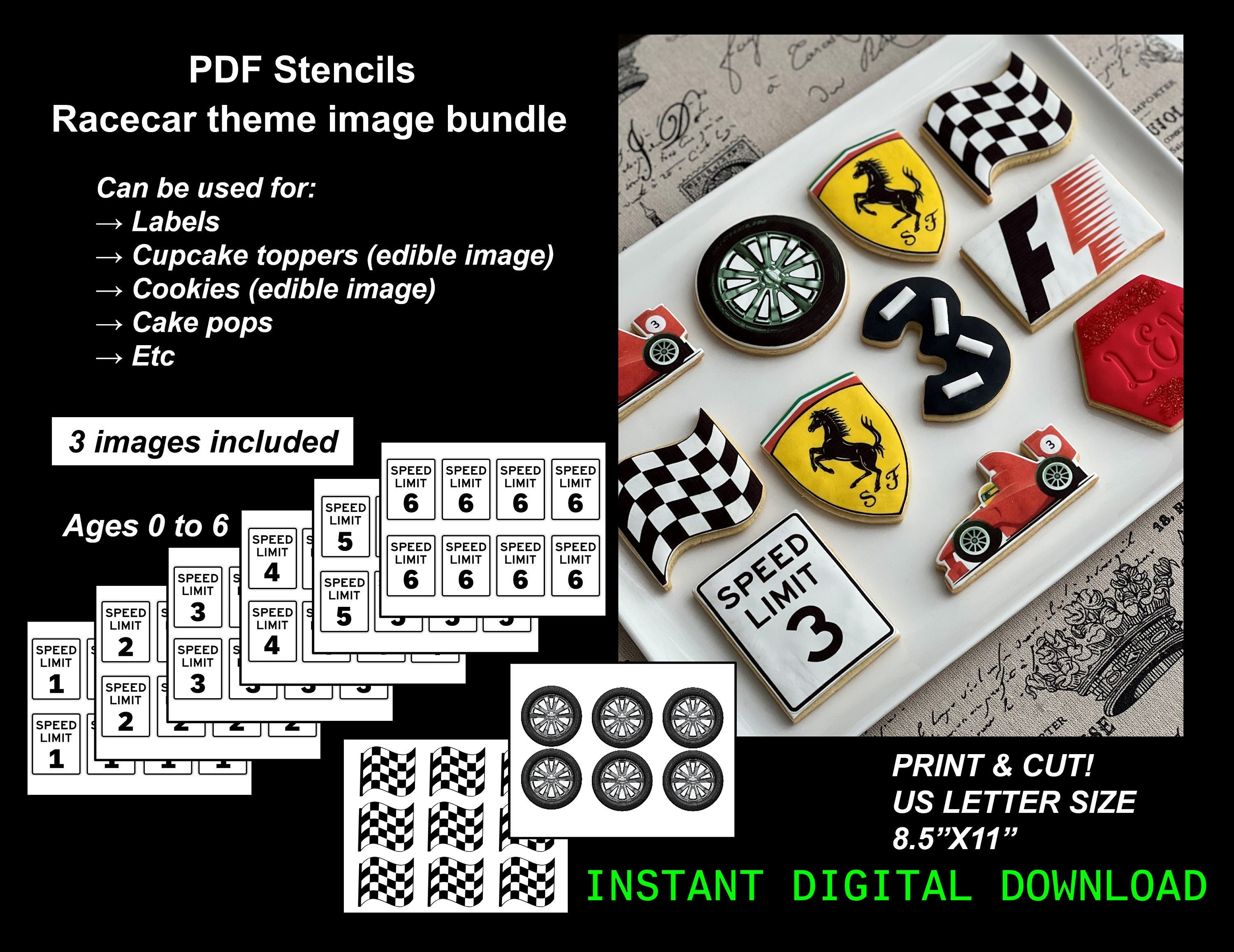 F1 Racecar Theme Stencils for Labels, Cookies, & Cupcakes, Printable ...