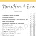 Ever or Never Bridal Shower Game, Wedding Shower Games, Never Have I ...