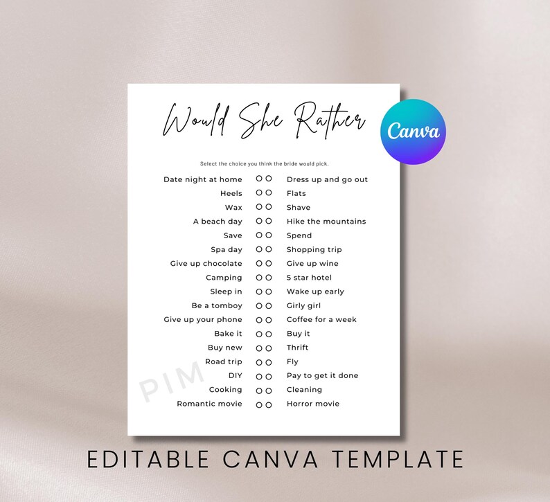 Would She Rather Bridal Shower Game, Editable Canva Template (digital ...