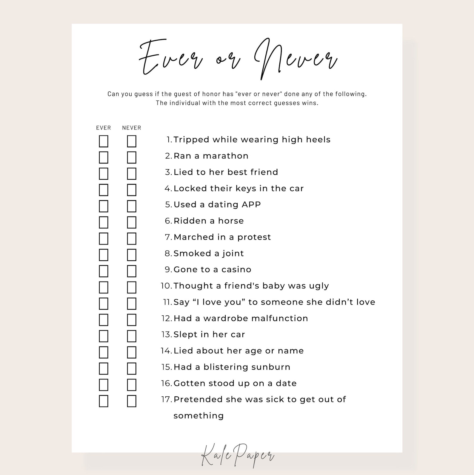 Ever or Never Bridal Shower Game, Wedding Shower Games, Never Have I ...