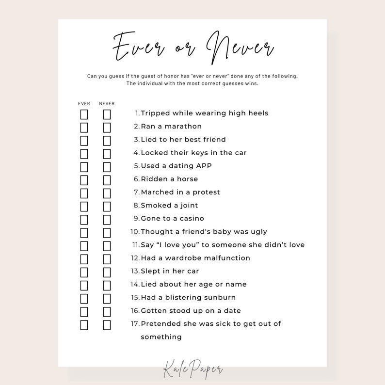 Ever or Never Bridal Shower Game, Minimalist PDF (digital Download) - Etsy