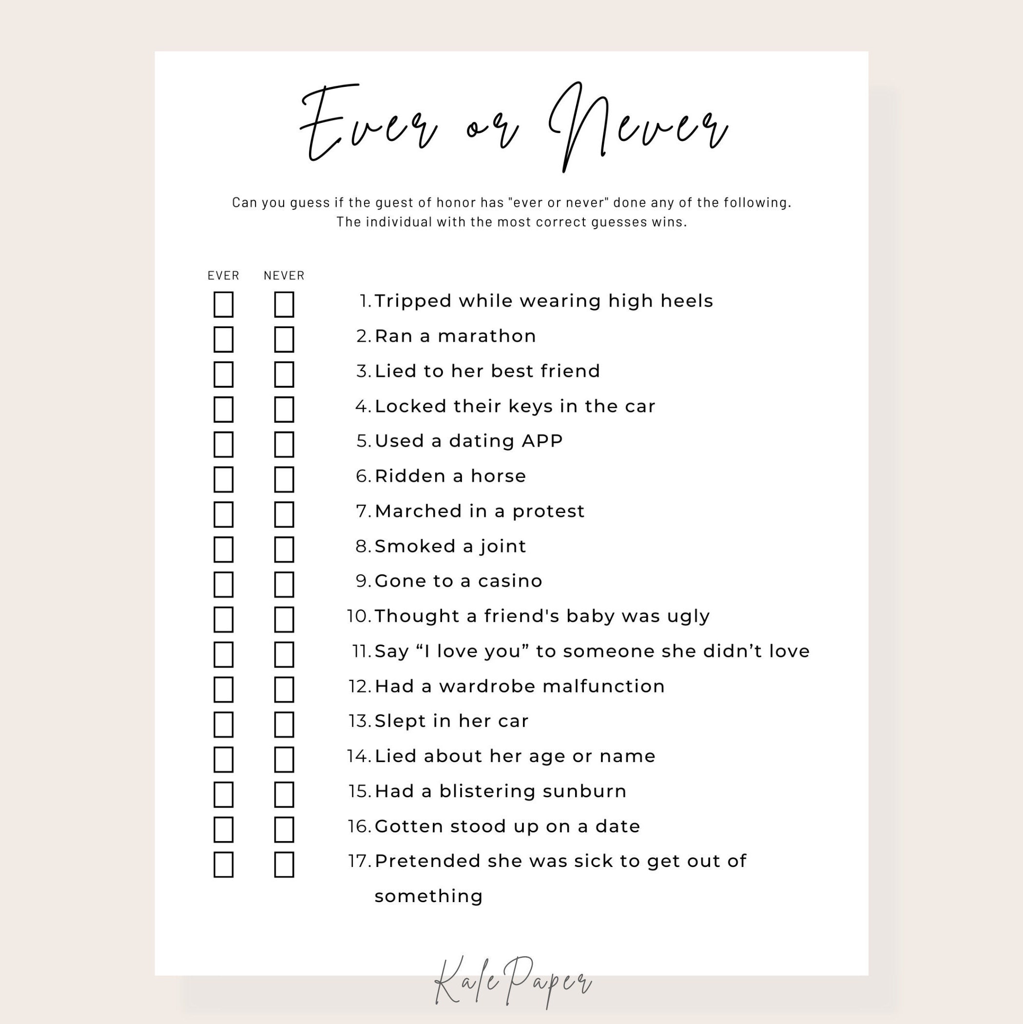 Ever or Never Bridal Shower Game, Wedding Shower Games, Never Have I ...
