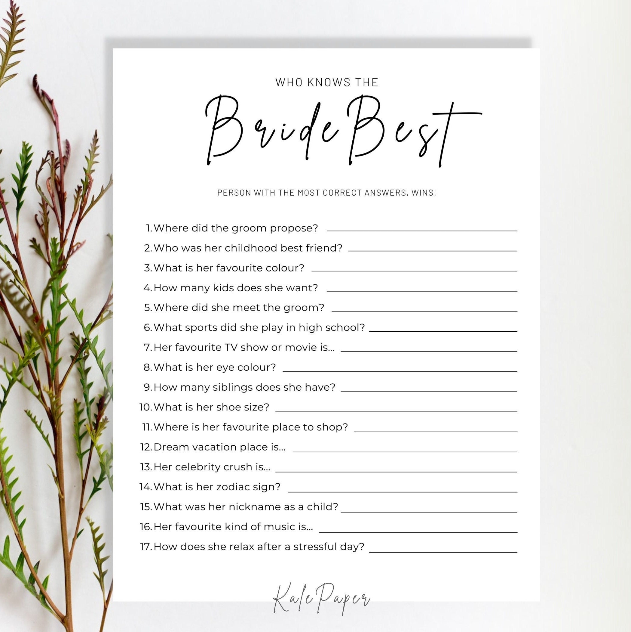 Who Knows the Bride Best, Bridal Shower Game, Wedding Shower Games, How ...