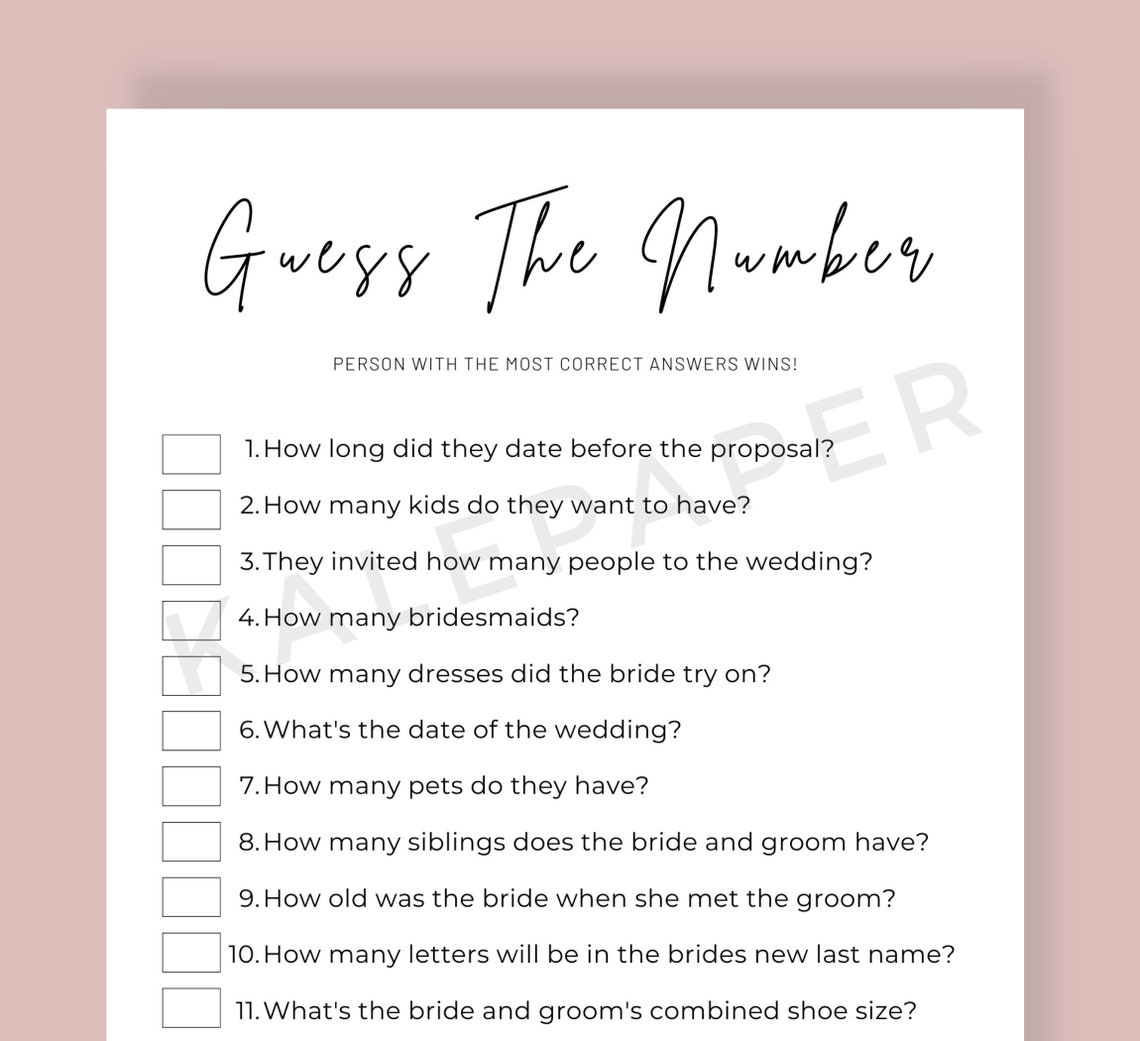 Guess the Number Bridal Shower Game, Bachelorette Party Games, Wedding ...
