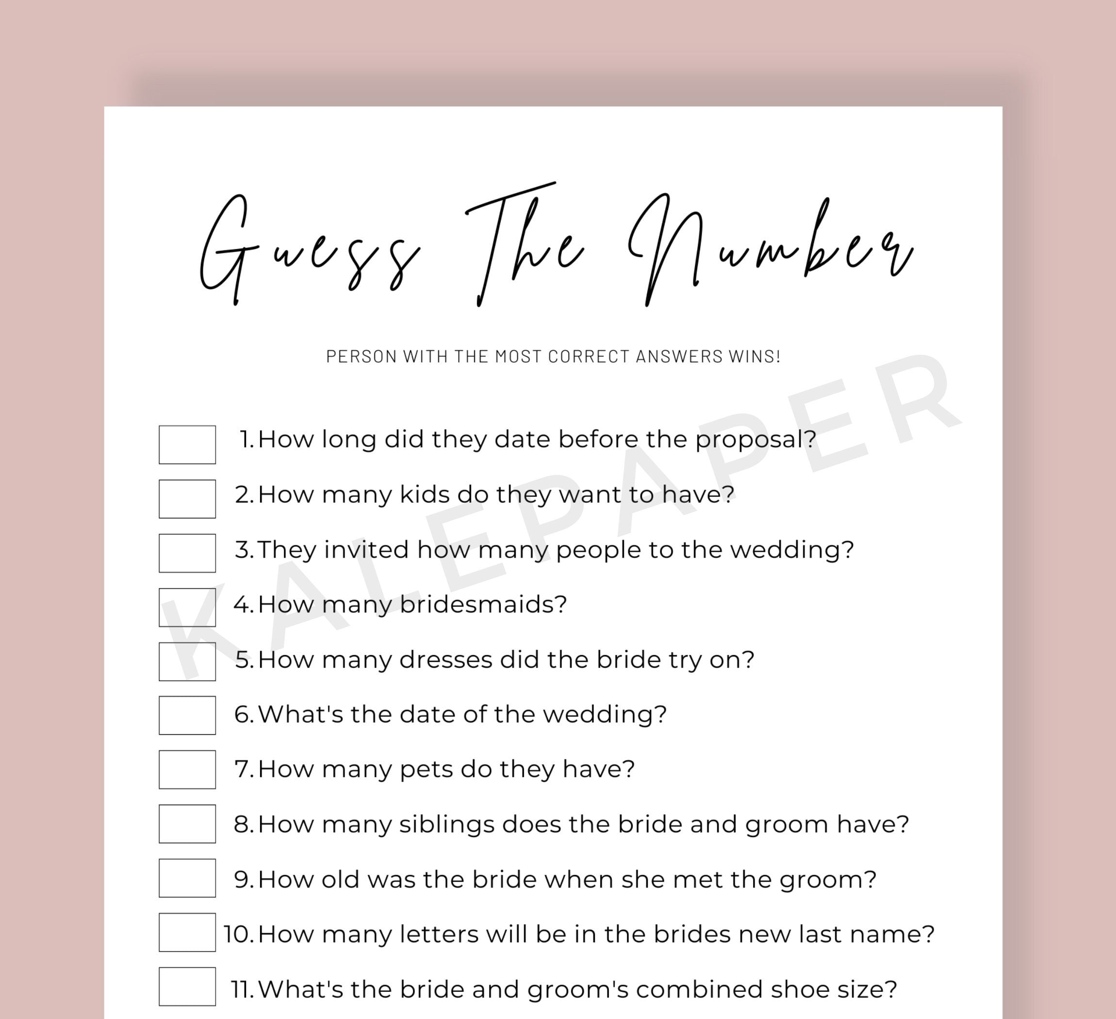 Guess the Number Bridal Shower Game, Bachelorette Party Games, Wedding ...