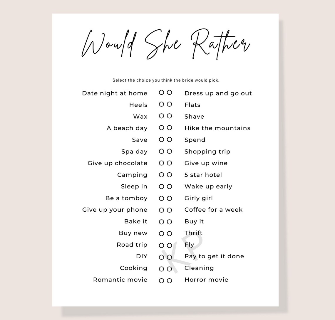 Would You Rather Game, Would She Rather Bridal Shower Game, Wedding ...