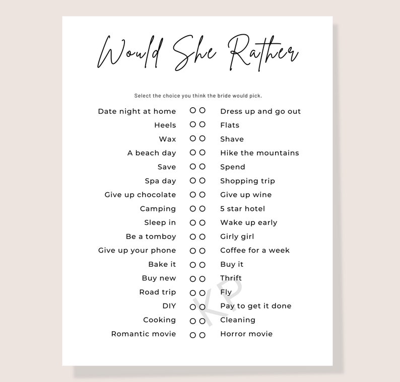 Would You Rather Game, Would She Rather Bridal Shower Game, Wedding ...