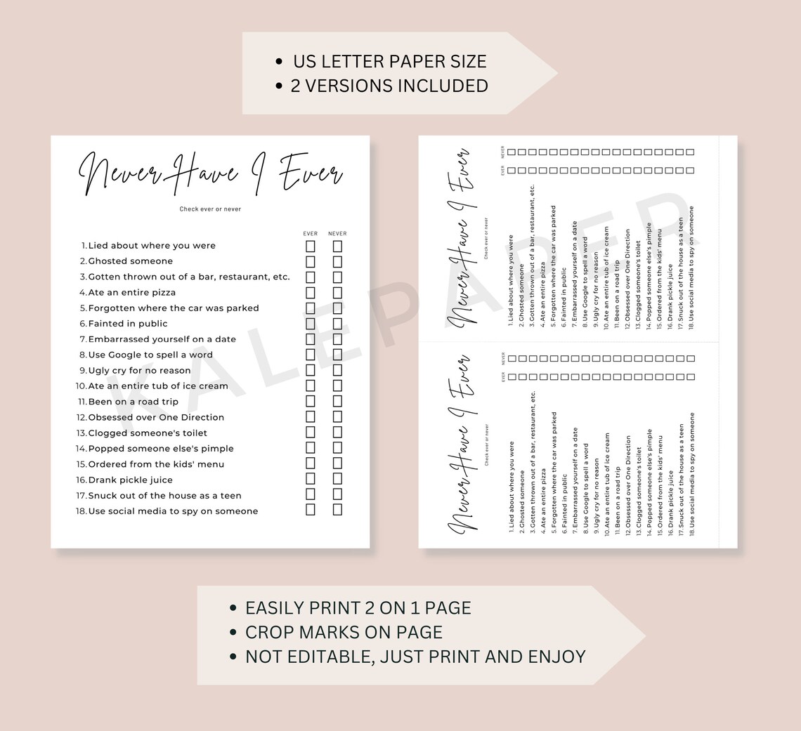 Bachelorette Party Games, Ever or Never Bridal Shower Game, Never Have ...