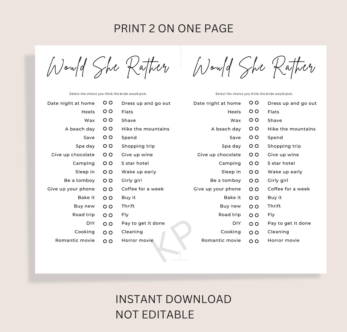Would You Rather Game Would She Rather Bridal Shower Game Wedding Shower Games Etsy 