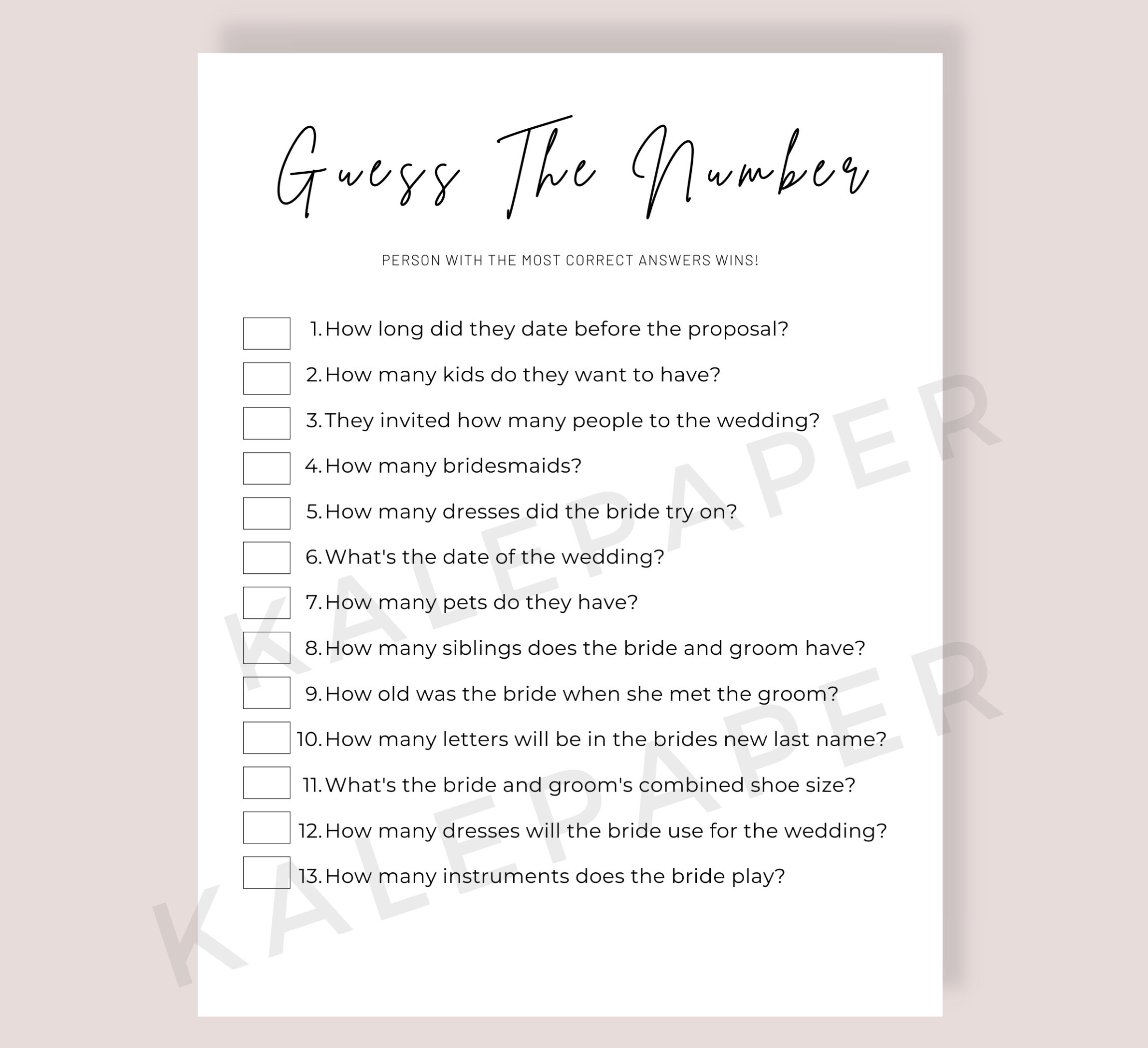 Guess the Number Bridal Shower Game, Bachelorette Party Games, Wedding ...