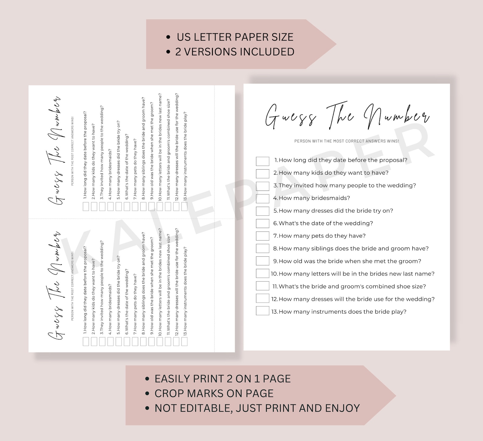 Guess the Number Bridal Shower Game, Bachelorette Party Games, Wedding ...