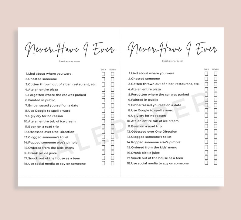 Bachelorette Party Games, Ever or Never Bridal Shower Game, Never Have ...