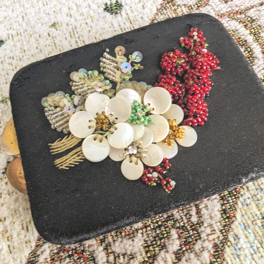 Vintage Beaded Powder Compact: French Hand-stitched Floral Embroidery ...