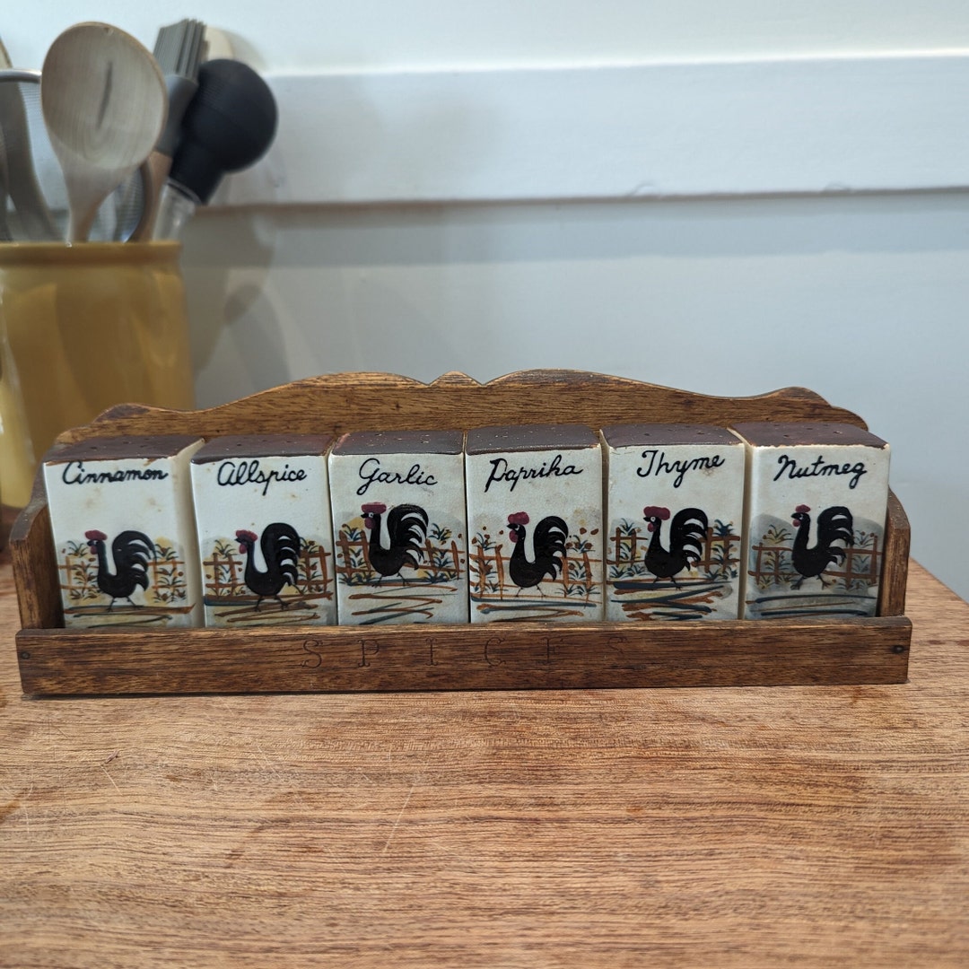 Mid Century Spice Rack, Hand-painted Roosters, Ceramic Fillable Jars ...