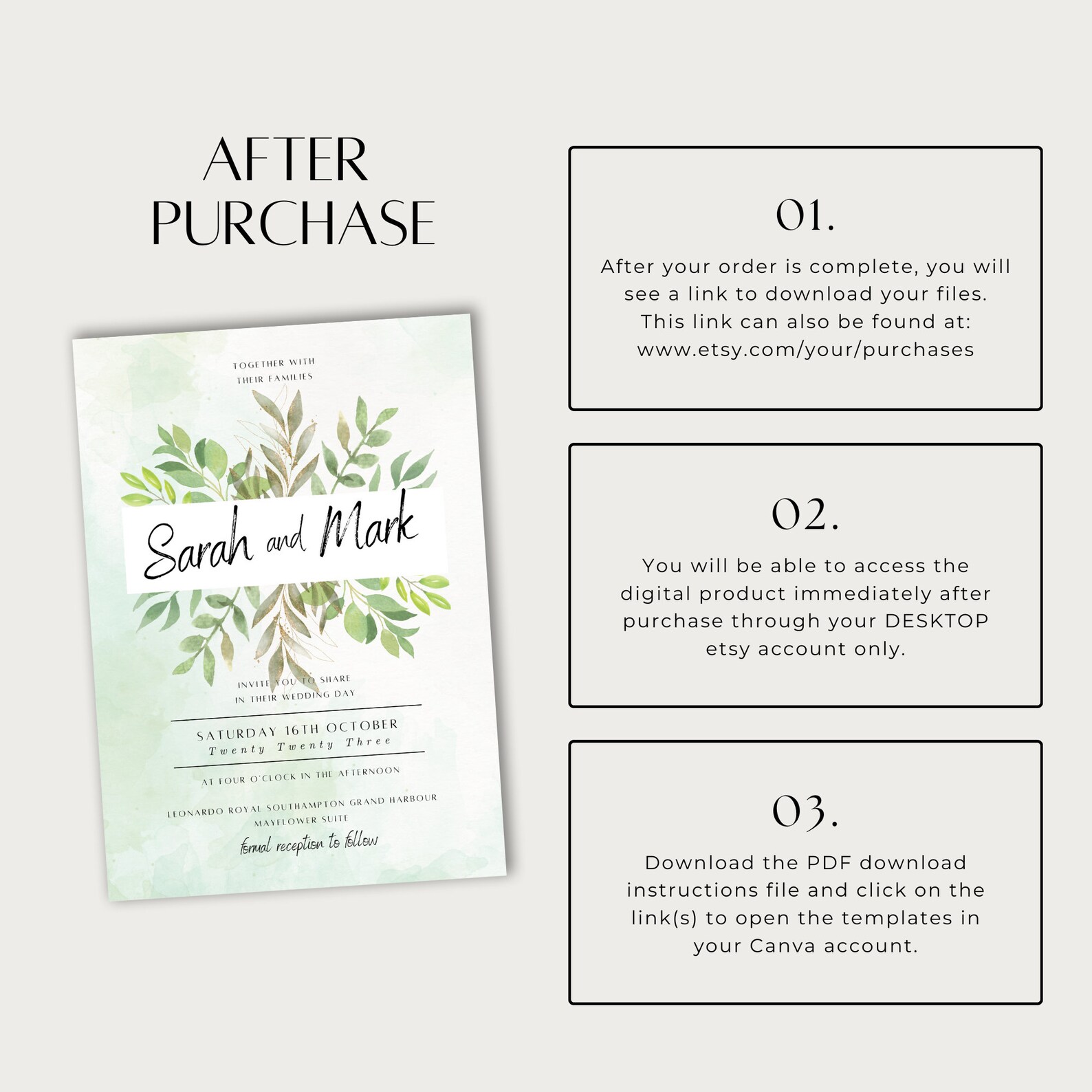 Minimal Greenery Wedding Invitation Template, Boho Watercolor ...